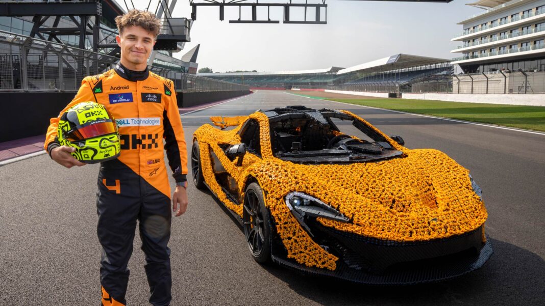 Lando Norris laps Silverstone in a McLaren P1 made of Lego